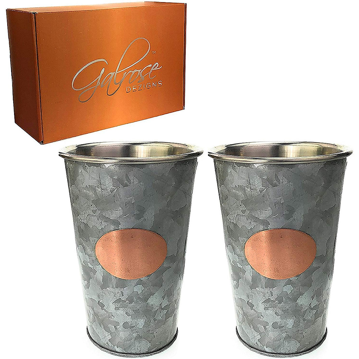 Galrose Galvanized Iron Mint Julep Cups - Set of 2 with Rose Gold Accents, Stainless Steel Lined Double Walled 16 oz Stylish Beer Glasses for Home Bars. Unique 6th Iron Anniversary or Birthday Gift