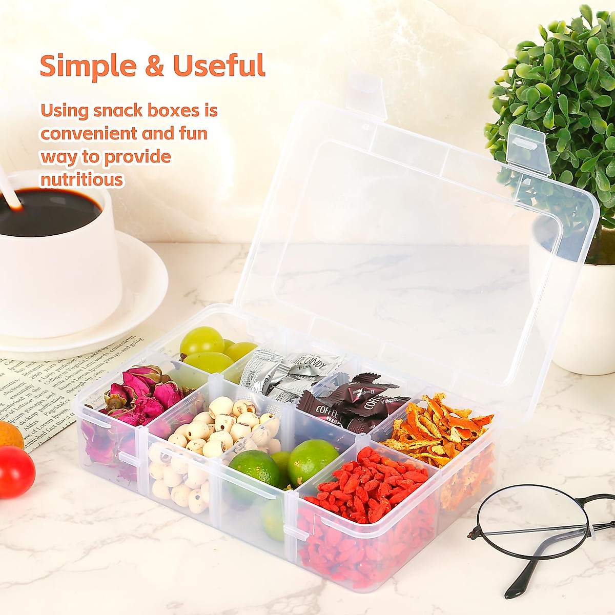 AQSXO 2 Pcs Snack Box Container for Kids, 8 Compartments Snack Containers Reusable Meal Prep Lunch Containers.