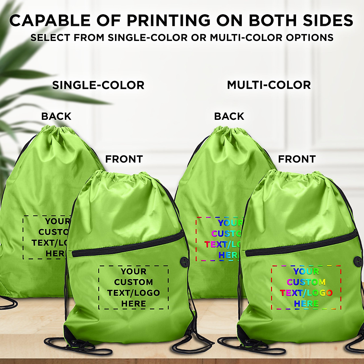 Discount Promos Custom Drawstring BackPacks with Pocket Set of 50, Personalized Bulk Pack - Water Resistant, Perfect for Gym, Camping, Beach, Outdoor Sports - Lime Green