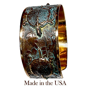 Elaine Coyne Collectible Artwear Verdigris Patina Brass Classic Box Turtle Cuff Bracelet - USA Made