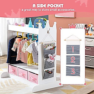 Kids Armoire Dress-Up Storage w/Mirror and Drawers,Dress up Closet,Costume Dress up Wardrobe,Pretend Storage Closet for Kids w/Side Pocket Top Shelf Shoes Storage for Bedroom Girls Room, White