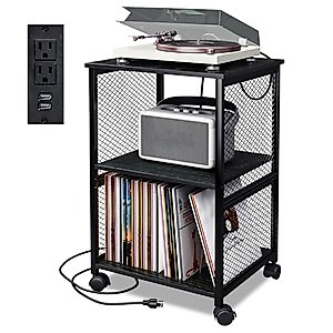 TC-HOMENY Vinyl Record Storage Table, 3-Tier Record Player Stand with 3 Quick-Release Divider Up to 200 Albums, Fashion Turntable Stand for Bedroom Living Room and Office