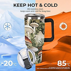 40 Oz Mushroom Plant Insulated Stainless Steel Tumbler with Handle & Straw Lid, Reusable Travel Cupholder Friendly Mug for Coffee, Water, Tea