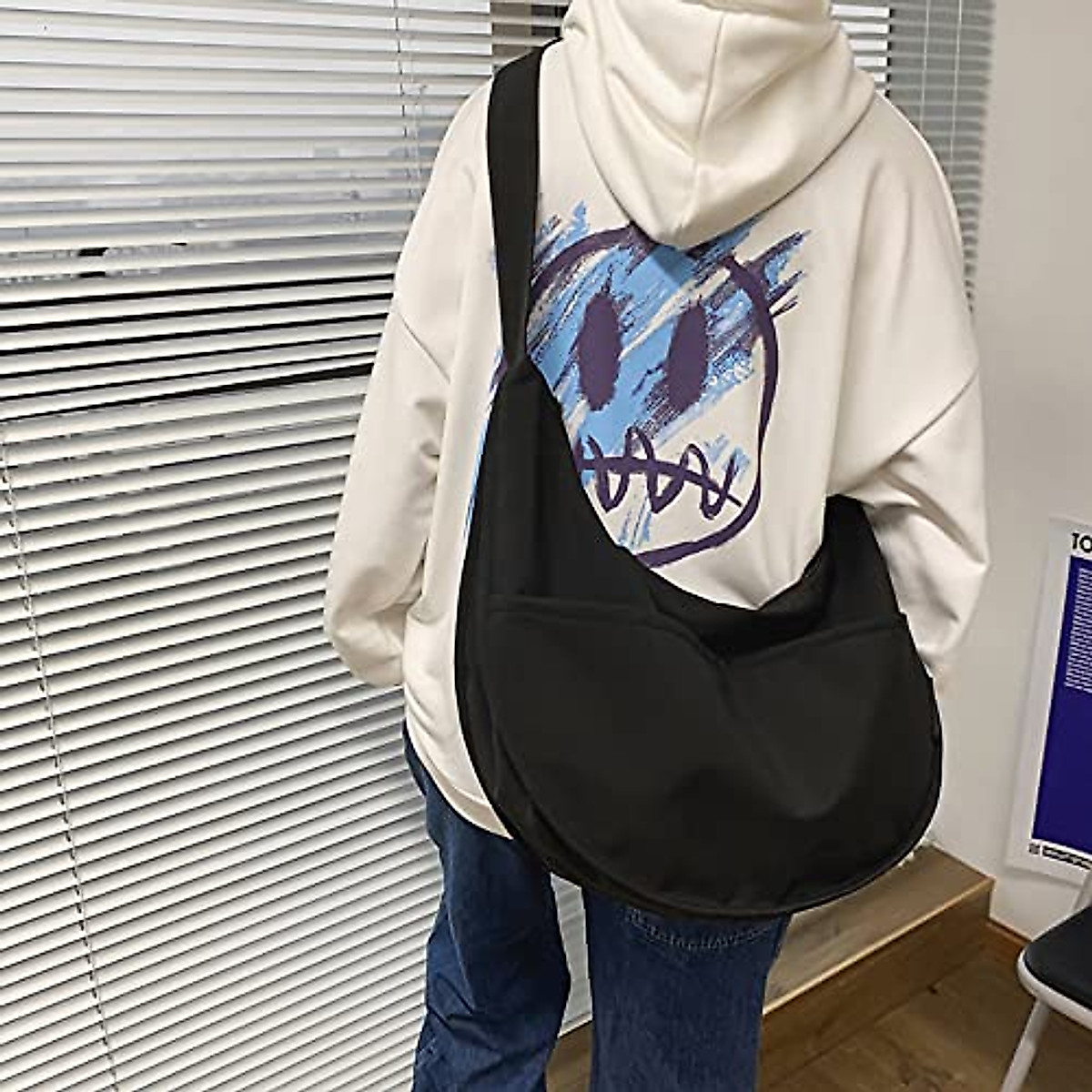 GAI Dumpling Bag Hobo Bags Unisex Canvas Crossbody Tote Large Handbags Student Shoulder Bag (Black)