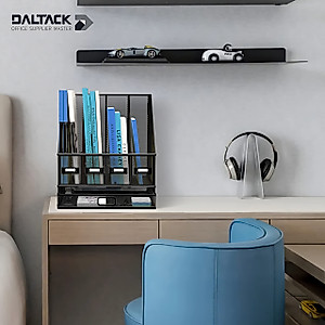 DALTACK Magazine File Holder, Desk Organizer with 4 Vertical File Holder and Drawer, Mesh File Organizer for Office Organization, Magazine Holder for Home Office School, Black