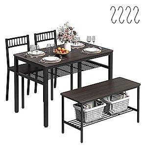Bigbiglife Dining Table Set for 4, Kitchen Table with 2 Chairs and 1 Bench, Dining Table Set with 2 Storage Racks and 4 S-Hooks, Modern Design for Small Space Home Kitchen, Dark Grey