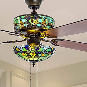 RIVER OF GOODS Stained Glass Magna Carta LED Ceiling Fan - 52" L x 52" W - Tiffany Style - Flush Mount Ceiling Fan with Remote - Teal