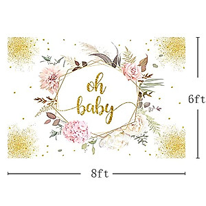 MEHOFOND Boho Pampas Baby Shower Backdrop for Girls Gold Glitter Sequins Dots Blush Pink Floral Photography Background Oh Baby Banner Announce Pregnancy Party Decorations Photo Booth Props 8X6ft