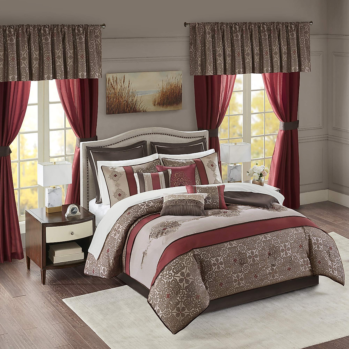 Madison Park Essentials Delaney 24-Piece Room In A Bag Comforter Set-Satin Jacquard, All Season Luxury Bedding, Sheets, decorative pillows and Curtains, Valance, Cal King(104"x92"), Medallion Red