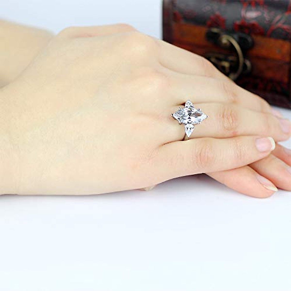 AINUOSHI Rhodium Plated 925 Sterling Silver Marquise Solitaire Cubic Zirconia CZ 3-Stone Anniversary Engagement Wedding Ring (6.5)