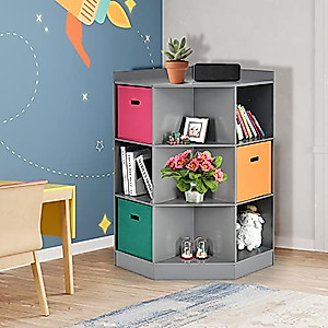 Costzon 9-Cubby Kids Bookcase with Extra Large Storage Baskets, Multi-Bin Children's Organizer Shelf with 6 Cubes and 3 Shelves, Wooden Storage Sideboard Suitable for Playroom, Decor Room (Gray)