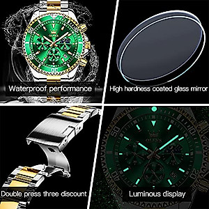 OLEVS Mens Watches Green Chronograph Luxury Dress Moon Phase Quartz Stainless Steel Waterproof Luminous Business Calendar Wrist Watch