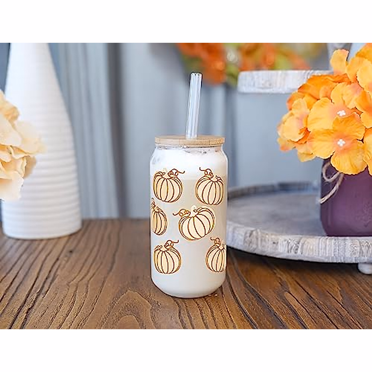 ANOTION Fall Coffee Cups - Fall Decor Pumpkin Mug Fall Coffee Mug Iced Coffee Cups Unique Autumn Decor Pumpkin Decorations Thanksgiving Tumbler Fall Wedding Tumbler Can Shaped Fall Cups - 18oz
