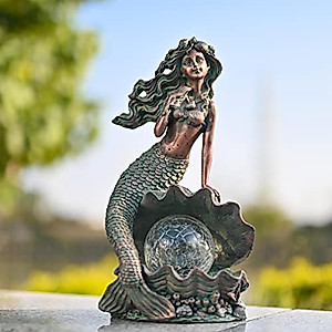TERESA'S COLLECTIONS Mermaid Garden Sculptures & Statues, Outdoor Fairy Statue, Solar Garden Fairy Decor, Garden Figurines Lawn Ornaments for Patio Yard Decorations (Bronze)