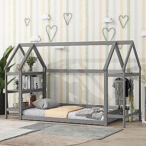 Harper & Bright Designs Twin House Floor Bed with 2 Detachable Stands, Wood Twin Floor Bed for Kids, Montessori Beds, Playhouse Bed, Twin Size Bed Frame for Girls, Boys (Gray)