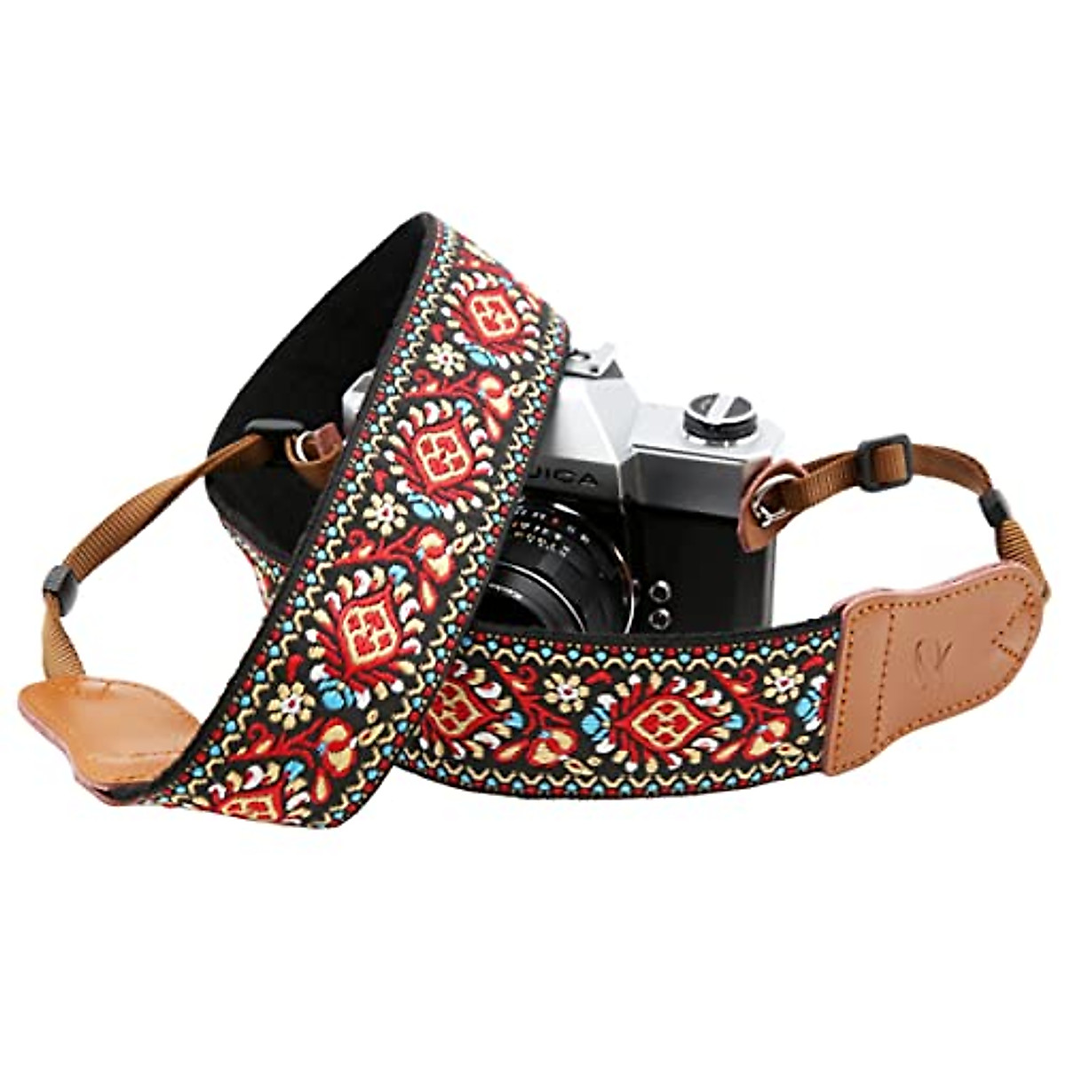 Red Vintage Embroidered Camera Strap - 2"Wide Pure Cotton Woven Camera Strap,Double Layer Cowhide Ends,Adjustable Shoulder & Neck Strap for All DSLR Cameras,Great Gift for Men & Women Photographers