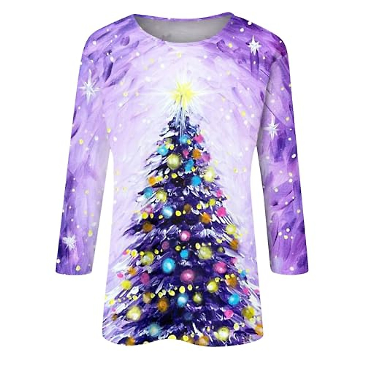 Christmas Shirts for Women Womens Christmas Shirts 2023 Fashion 3/4 Sleeve Tops O-Neck Print T-Shirts Casual Blouses Christmas Tops for Women Large Purples