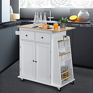 Giantex Kitchen Island Cart, Rolling Wood Trolley with Storage Cabinet, Towel Handle, 2 Drawers, Side Spice Rack and Wine Bottle Rack, Kitchen Cart on Wheels, Rubber Wood Countertop (White)