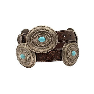 ARIAT Women's Oval Silver Conchos Leather Belt w/Turquoise Stones, Large (38" Waist)