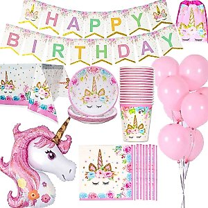 ZSNICE Unicorn Birthday Decorations Pack Supplies Tableware for 16 Guests, 1*Table Cloth/Cover, 16*Cups, 16*Plates, 16*Napkins, 1*Happy Birthday Banner, 1*Huge Size Unicorn, 10*Pink Balloons
