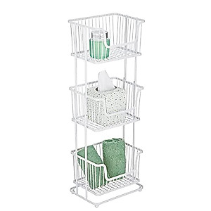 mDesign Tall 3 Basket Tiered Bathroom Holder, Metal Wire Floor Stand Storage Layered Rack with Three Tier Storage Shelving Bathroom Organizer Bins for Bath Towels, Hand Soap, and Toiletries - White