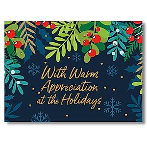 25 Employee Holiday Cards - Garland Appreciation Design with Gold Foil Embossing - 26 White Envelopes - FSC Mix