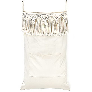 Mkono Macrame Hanging Laundry Hamper with Over The Door Hooks Saving Space Laundry Bag with Zipper and Wide Open Top Boho Decor Hanging Dorm Dirty Clothes Hamper, for Bathroom Home Travel