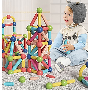 fengyang 64 PCS DIY Magnetic Balls and Rods Set Building Sticks Blocks Vibrant Colors Different Sizes Curved Shapes Children Educational Stacking STEM Magnet Toys for Kids Age 3+…