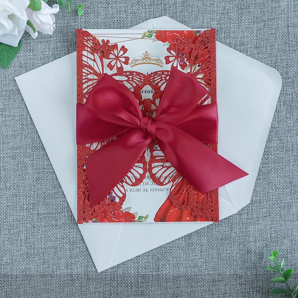 FEIYI 20 PCS 5.12x7.2 Butterfly Quinceanera Invitation, Laser Cut Wedding Invitation Cards with Envelopes for XV Anos Bridal Shower Baby Shower Invite (Red Glitter)