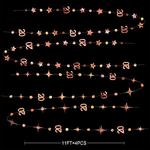 Rose Gold 20th Birthday Decorations Number 20 Circle Dot Star Garland Metallic Hanging Streamer Bunting Banner Backdrop for Women Mens Twenty Year Old Birthday Happy 20th Anniversary Party Supplies