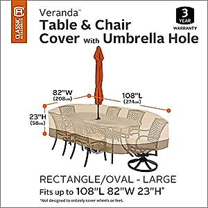 Classic Accessories Veranda Patio Table Cover with Umbrella Hole Pebble/Large/Rectangular/Oval, Outdoor Table Cover