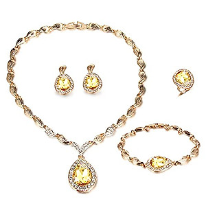 FUNOJOY Gold Jewelry Sets for Women Wedding Teardrop Crystal Necklace and Earrings Bracelet Rings Set Costume Jewelry for Prom Wedding