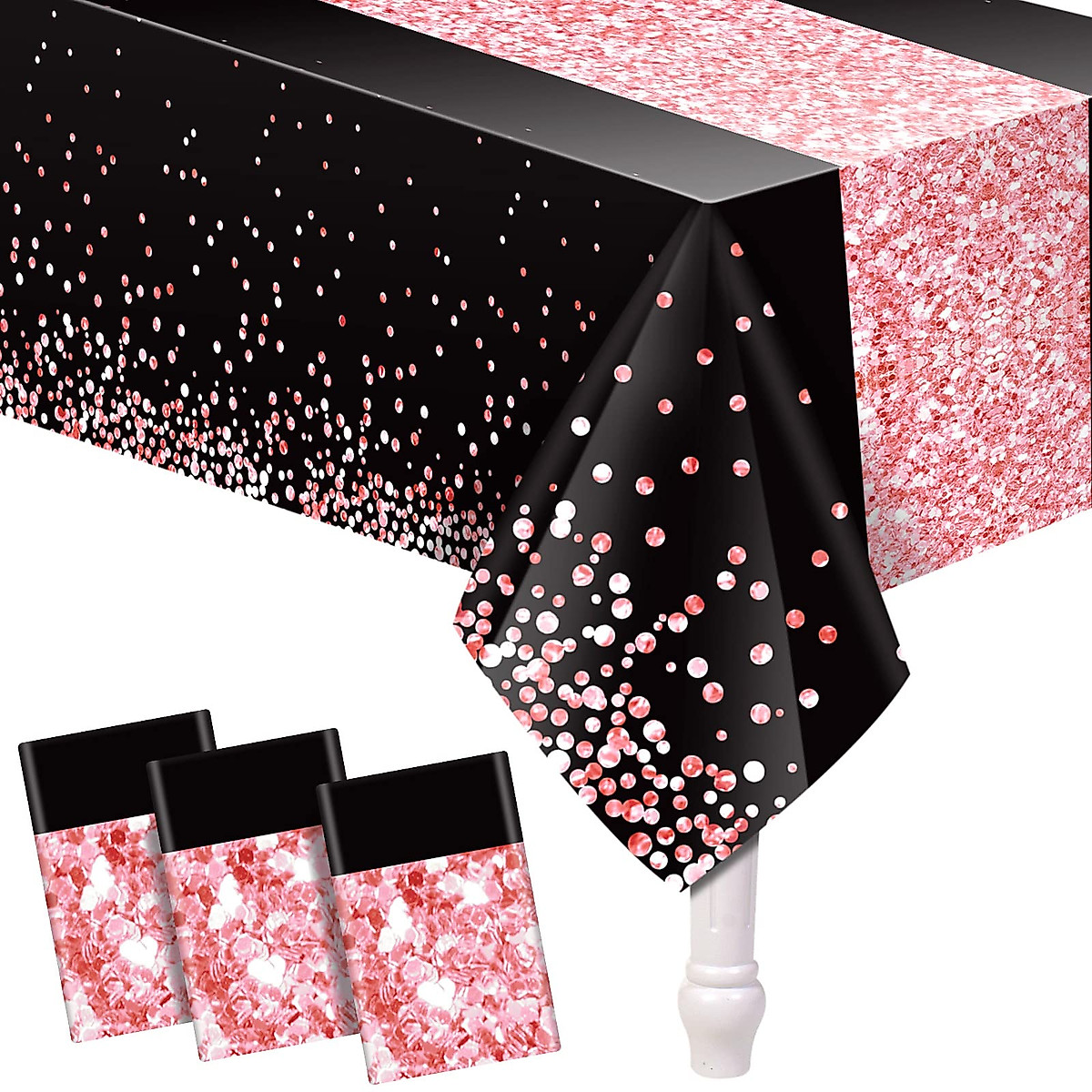 3 Pcs Black Sequin Tablecloth Dining Plastic Table Cover Rectangle Disposable Tablecloth for Graduation Birthday Wedding Anniversary Festive Cocktail Party Supplies, 54 x 108 Inch(Black and Rose Gold)