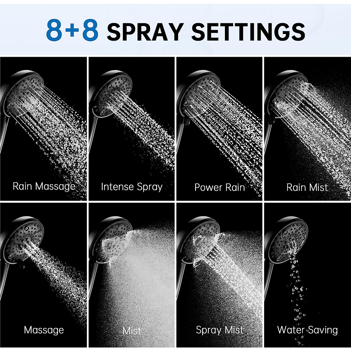G-Promise High Pressure Dual Shower Head with Handheld Combo | 8 Settings Fixed Shower Head Built-in 3-Way Diverter | 72 Inch Stainless Steel Flexible Hose | 8 Spray Modes Handheld Shower Head