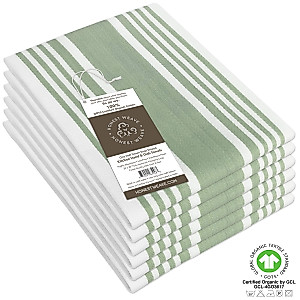 HONEST WEAVE GOTS Certified Organic Cotton Kitchen Hand and Dish Towel Sets - Oversized 20x30 inches, Fully Hemmed, in Designer Colors, 6-Pack, Sage Stripe
