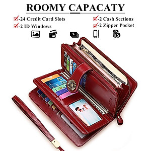 SENDEFN Genuine Leather Wallet for Women Clutch with Strap 24 Card Slots 2 ID Windows Cash Compartments 1 Zipper Pocket Credit Card Holder RFID Blocking Gift Box Included (Red-1)