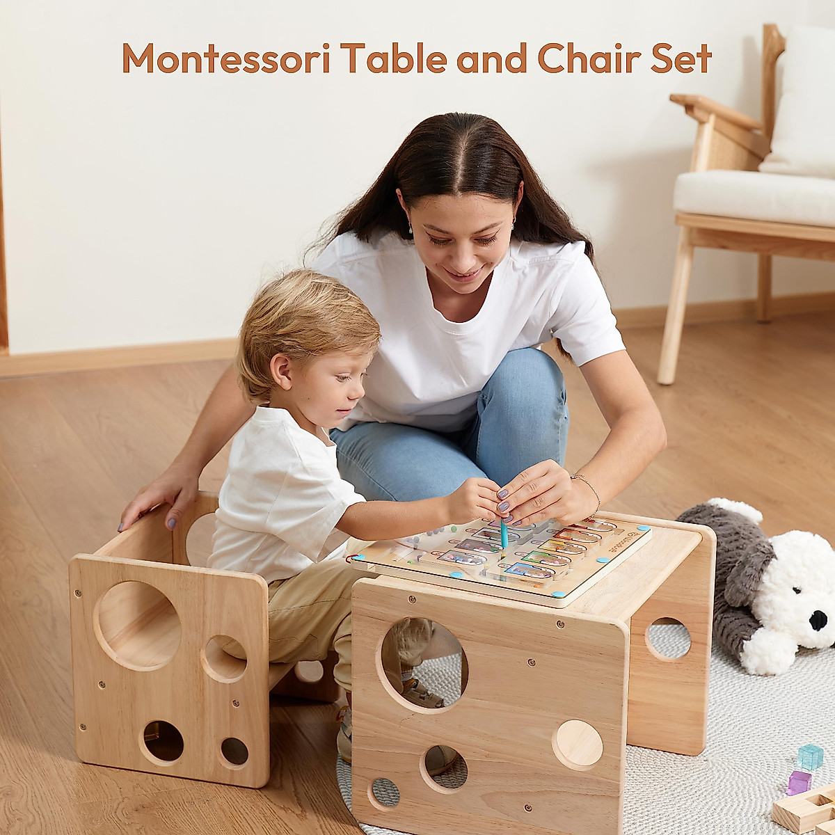 Woodtoe Montessori Weaning Table and Chair Set for Toddler, Natural Solid Wooden Kids Table Cube Chair for Boy Girl, with 8 PCS Montessori Lock and Key Toy Set, Educational Toys for Kids
