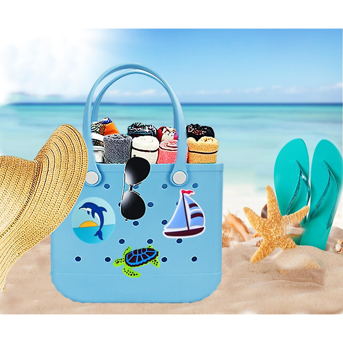 Lovyit Charm Accessories for Bogg Bag - Rubber Beach Bag Accessories Charm Insert, 3pcs Flowers Dolphin Beach Totes Charm Decoration Insert for Simply Southern Beach Totes Bag (3pcs, Dophlin+Sail)