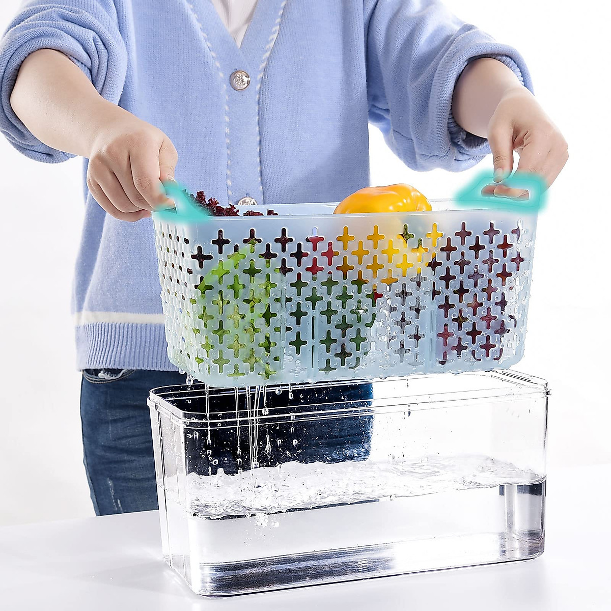 LITPRIN Fridge Produce Saver with Organizer Basket and Vented Lids, Fresh Keeper Containers, Storage Organizer, Fresh Saver, 8L Organizer Bins for Storage and Save Space-Blue