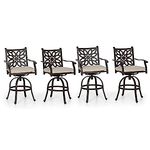 PHI VILLA Outdoor Swivel Bar Stools, Cast Aluminum Patio Pub Height Swivel Arms Chairs with Seat Cushion, Set of 4 Easy Assemble