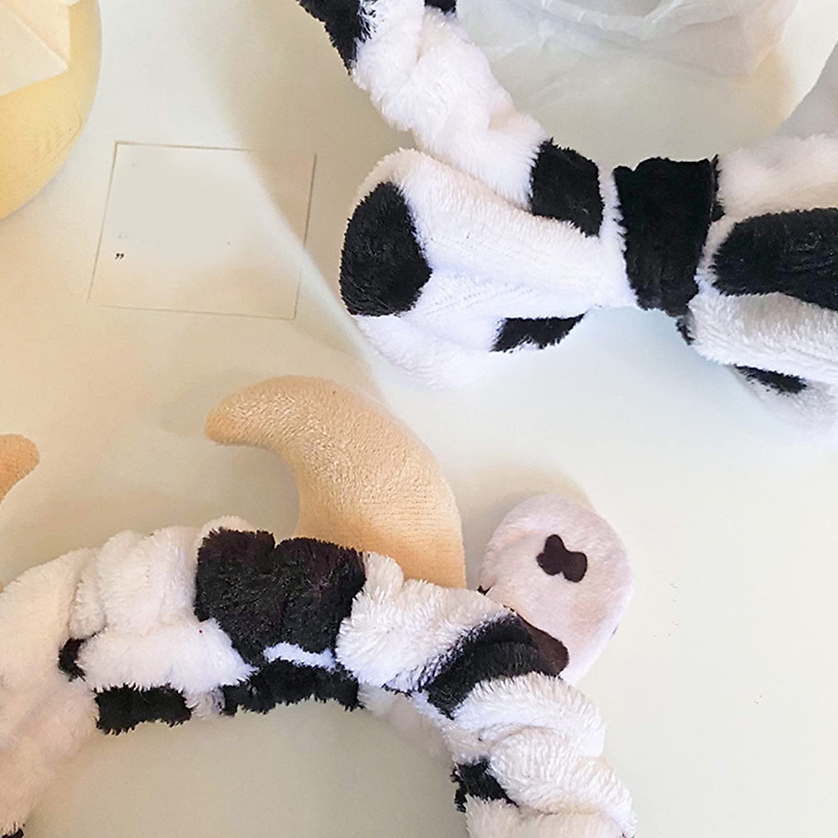 JTQXX Plush Hairhoop - Spa Headband Spotted Cow Horn Bow Shape Hair Band Women Facial Makeup Head Hoop Soft Head Wraps for Shower Washing Face