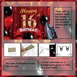 Happy 16th Birthday Red Banner Gold Backdrop Red and Black Balloons Theme Decor for Girls Women Princess 16 Years Old Birthday Party Supplies Photo Booth Props Background Favors Decorations Glitter