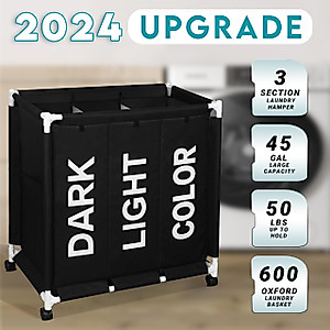 ZOES HOMEWARE Laundry Sorter 3 Section, 170L Laundry Cart with 3 × 15 Gal Compartment Laundry Hamper, Divided Laundry Separator, Laundry Basket Organizer, Black Laundry Hamper on Wheels