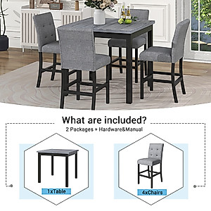 Harper & Bright Designs 5-Piece Counter Height Dining Set,Wood Square Dining Room Table and Chairs Stools with Footrest & 4 Upholstered High-Back Chairs,Kitchen Dining Furniture(Black)