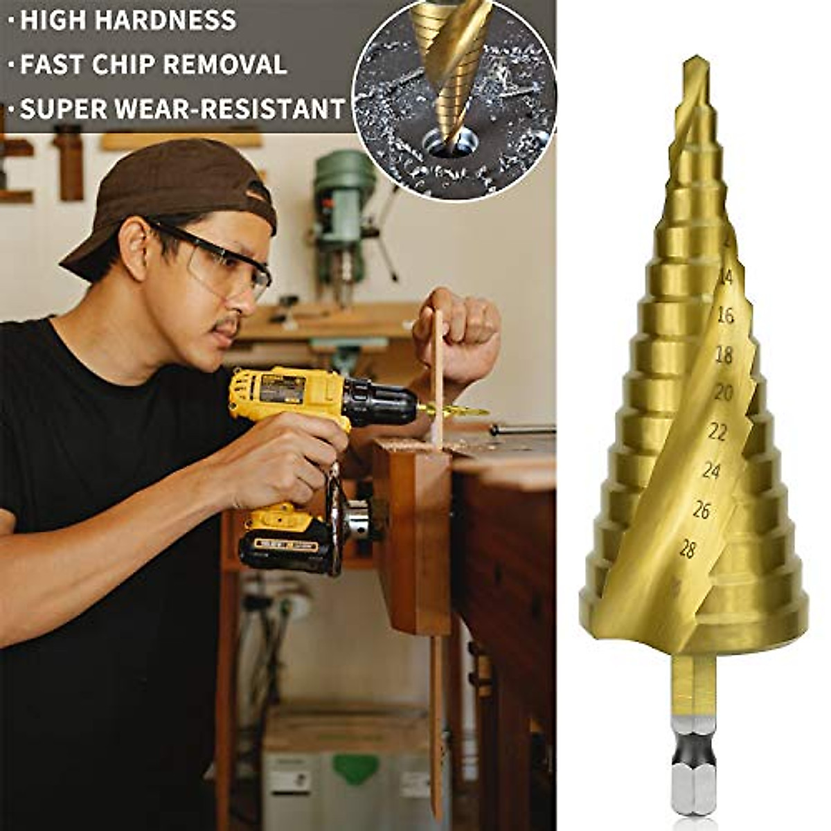 BAYTORY HSS Step Drill Bit Set, 6Pcs Hex Shank Coated Step Drill Bits Set, 4-12/20 / 32mm Large Titanium HSS Step Cone Drill Bit (Spiral 6-Piece Set)