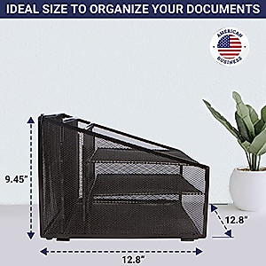 Office Desk Organizer Metal Mesh with 3 Paper Trays and 2 Vertical Upright Sections, Desktop File Holder for Letter Size A4, Folders, Stationary, and Desk Accessories