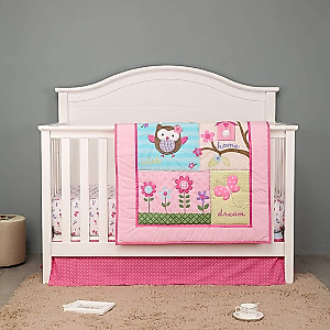 Brandream Garden Birds Floral Crib Bedding Sets for Girls | 3-Piece Pink Butterfly Nursery Set | Baby Quilt, Fitted Crib Sheet, Dust Ruffled Included - Animal Owl