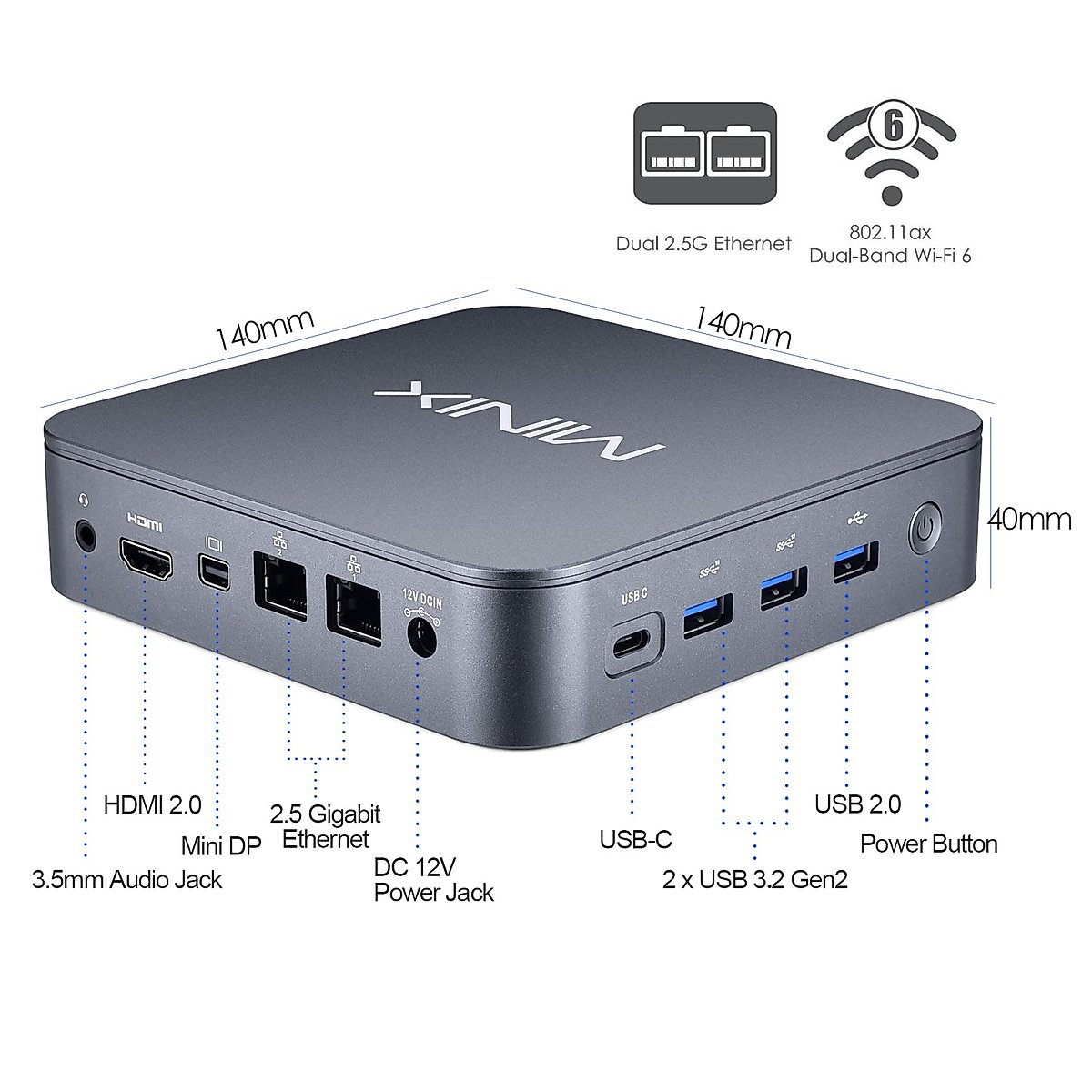 MINIX NEO J51-C8 Max Mini Computer, 8GB/512GB M.2 PCIe NVMe SSD Windows 11 Pro, Aluminum/Wi-Fi6/Dual 2.5GB LAN/USB-C/Triple Display/4K/Auto Power On/PXE Boot/RTC/Vesa Mount
