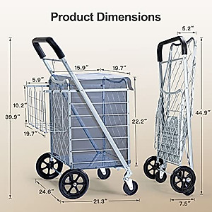 Pipishell Shopping Cart, Heavy-Duty Grocery Cart on Wheels with Extra Rear Basket & Leakproof Cover, Folding Grocery Shopping Cart with High 160 lbs/134 L Capacity, PITUC2S