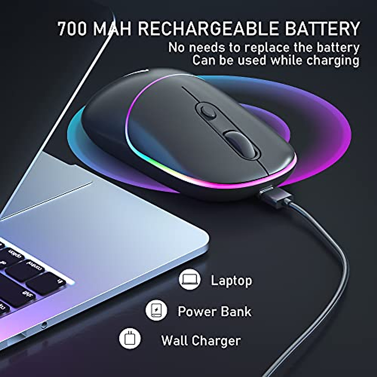 SOLAKAKA RGB 2.4GHz Wireless Mouse, Slim Portable Cordless Silent Laptop Office Mouse, Rechargeable USB PC Computer Mice, Black